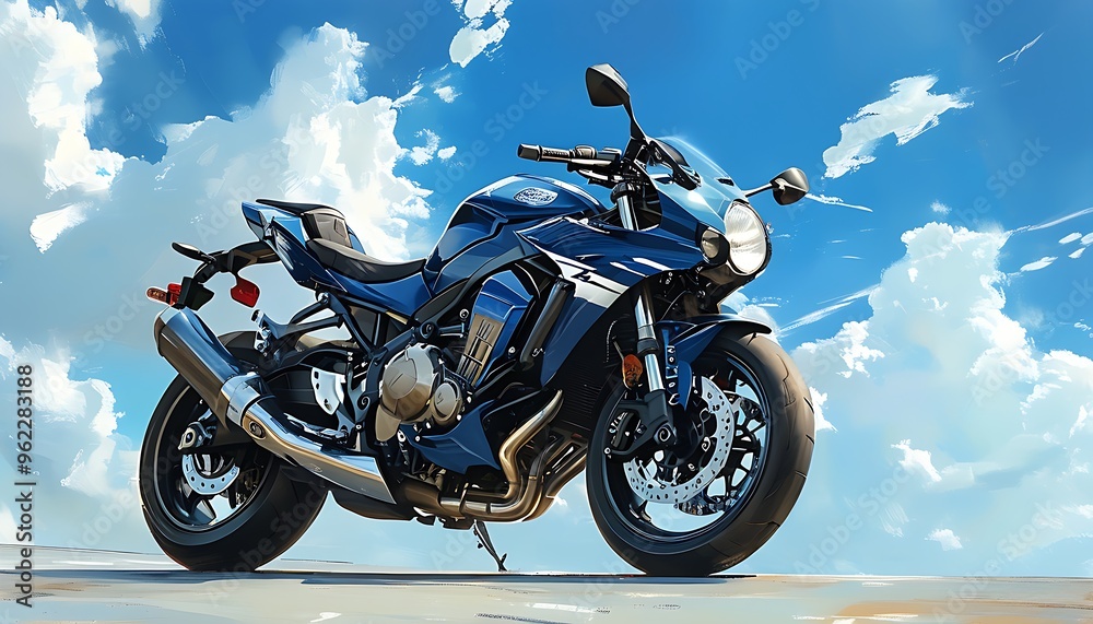Against the background of blue sky and white clouds, a motorcycle shows ...