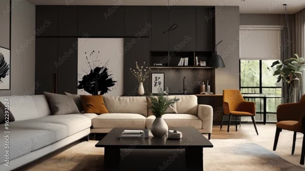 Minimalist studio living area with classic home interior design in ...