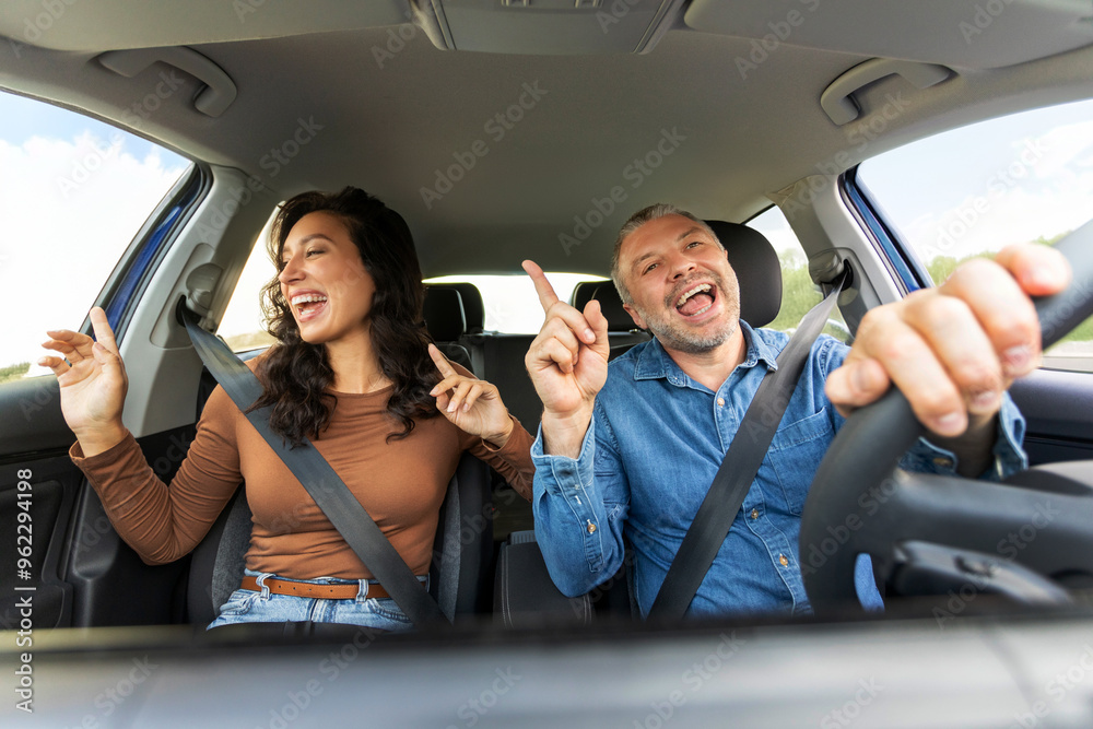 Car trip concept. Happy European couple husband and wife having fun ...