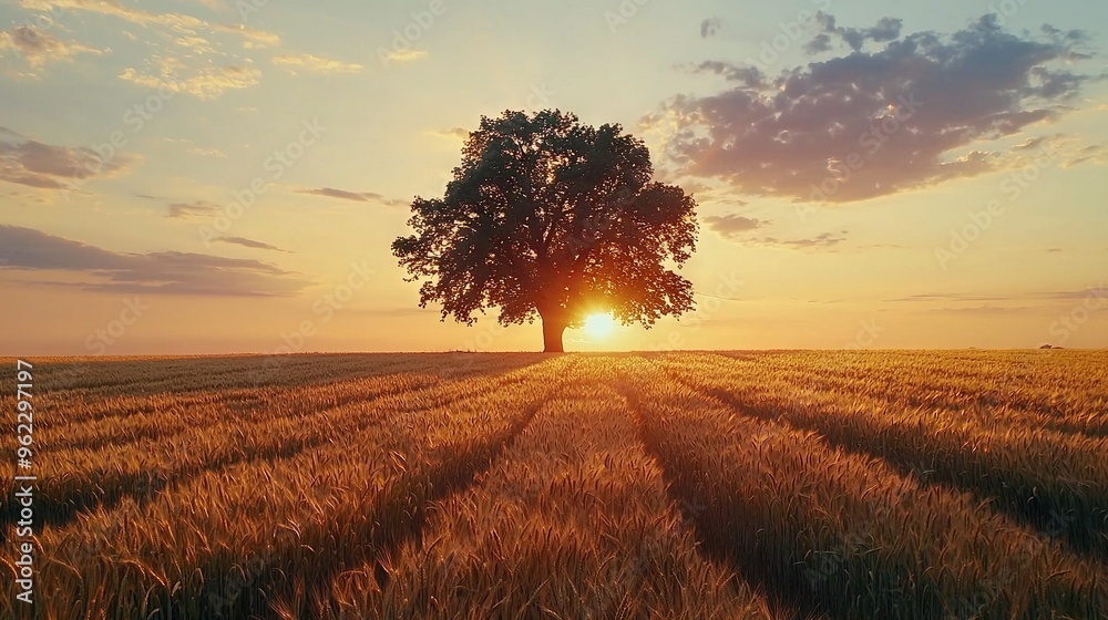 A solitary tree towers amidst a sea of wheat, basking in the setting ...