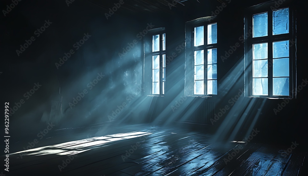 In the dim room, there are several windows showing faint light. The ...
