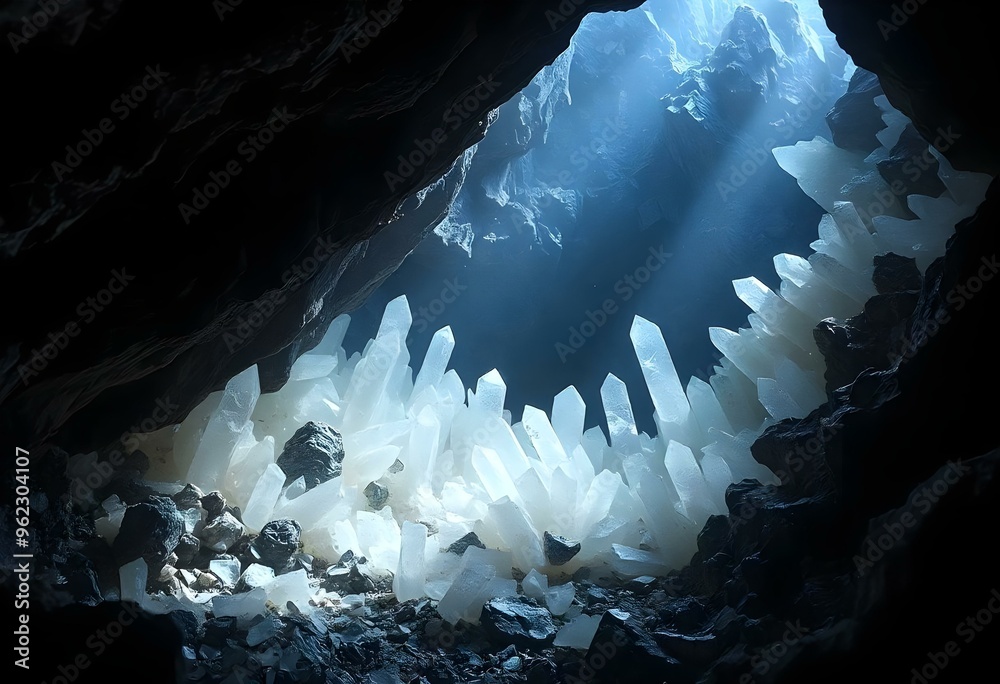 a crystal cave background with jagged edges and a mix of light and dark ...