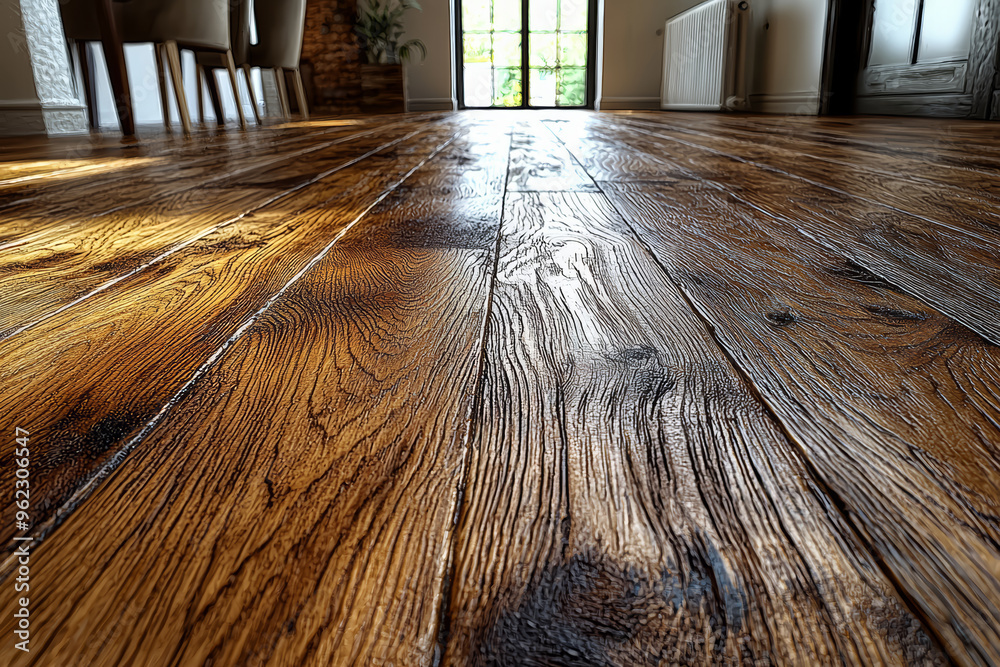 Scuff marks on a hardwood floor from furniture movement, indicating ...