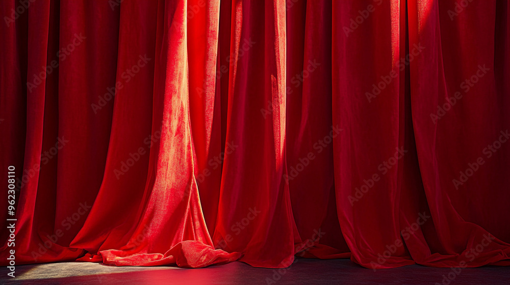 Rich red curtains parting to reveal a stage, illuminated by soft light ...