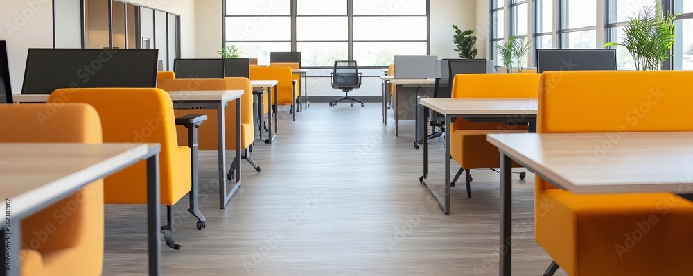 Co-working area with communal workstations, brainstorming zones, and ...