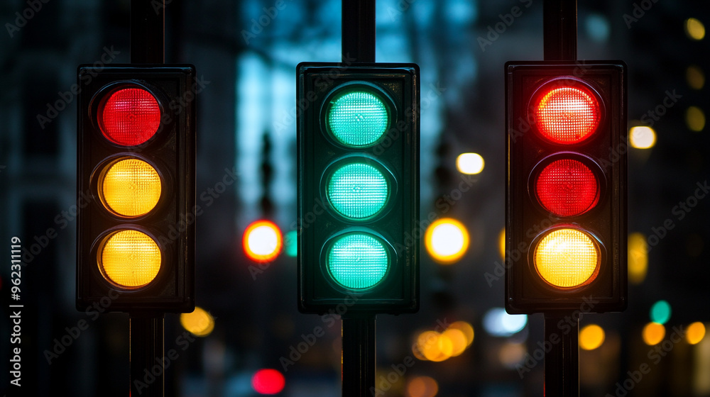 Traffic lights illuminate an urban street as evening descends ...