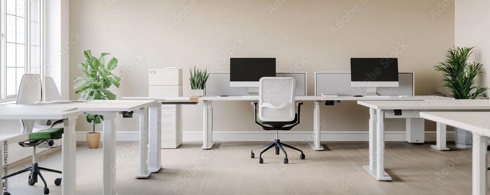 Co-working area with standing desks, adjustable chairs, and a mix of ...