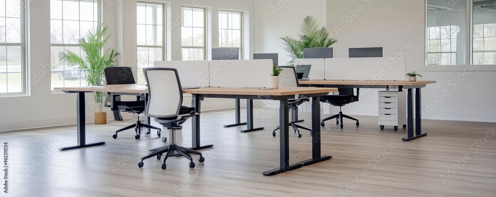 Co-working area with standing desks, adjustable chairs, and a mix of ...