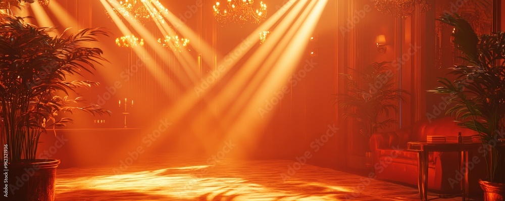Stage with overlapping light beams, warm amber tones, cozy and intimate ...