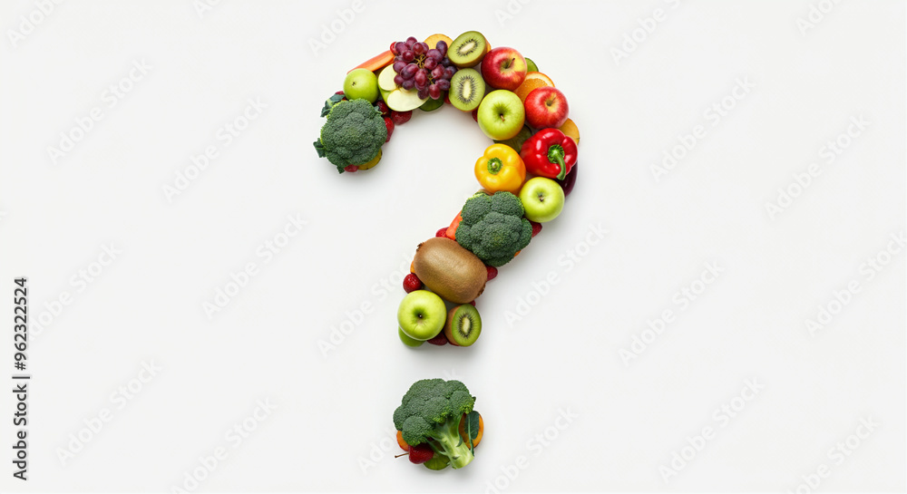 Fruits and vegetables arranged as a question mark symbolizing healthy ...
