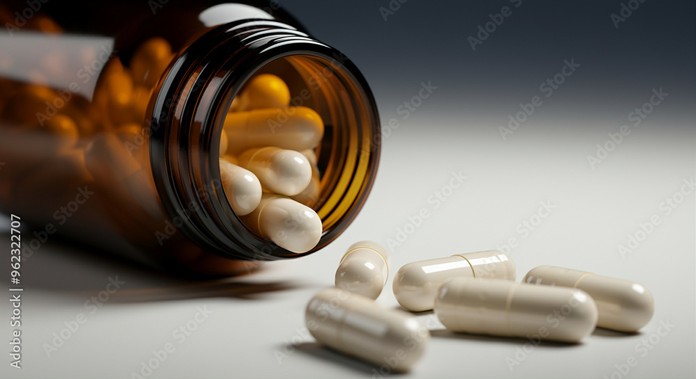 Capsules spilling from a brown bottle with pills and medication on a ...