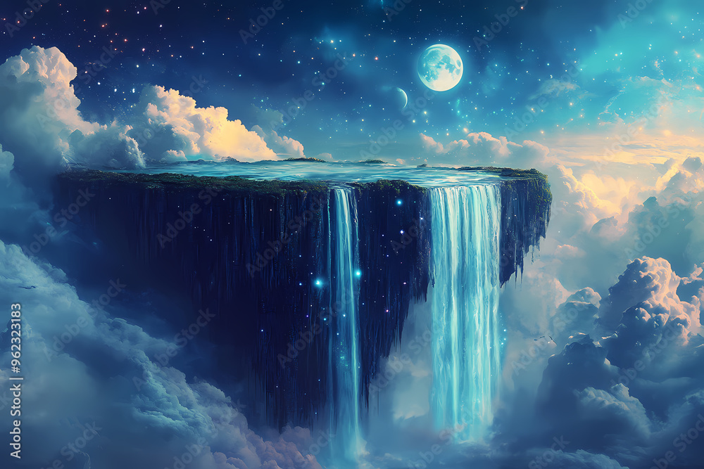 Surreal landscape of a colossal floating island with a cascading ...