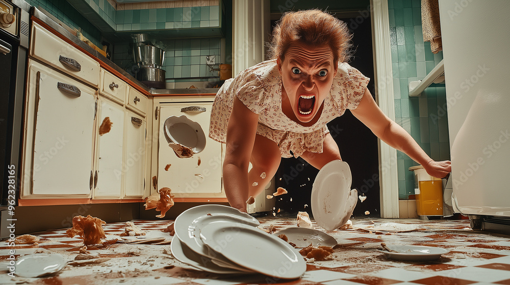Angry Woman Screaming in a Vintage Kitchen as Plates Shatter Stock ...