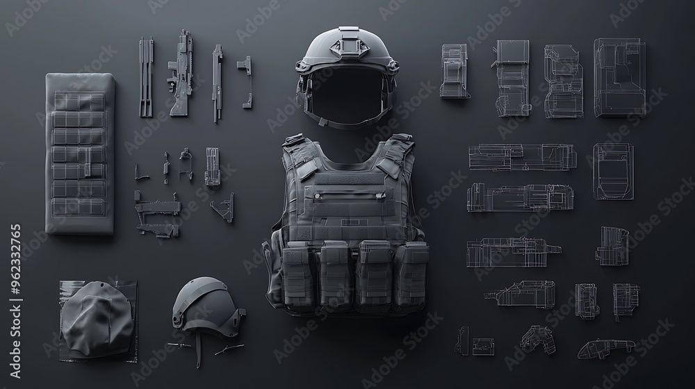 A central 3D schematic diagram of a low polygon military vest and ...