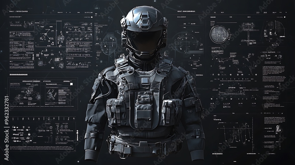 A central 3D schematic of a military vest and helmet, with surrounding ...