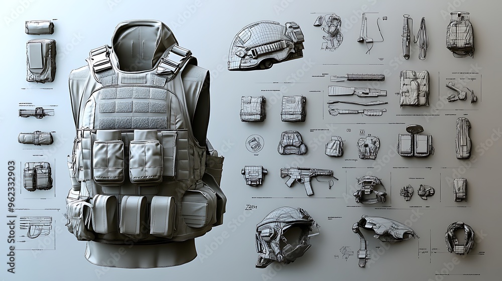 A detailed 3D model schematic of a military vest and helmet, with ...