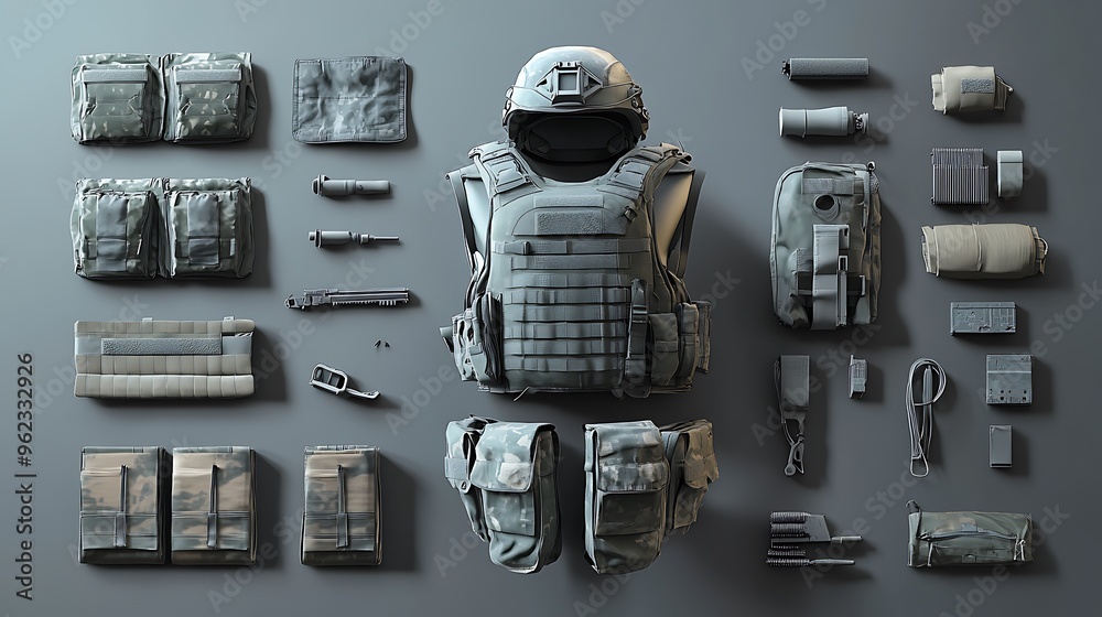 A detailed 3D model schematic of a military vest and helmet, with ...