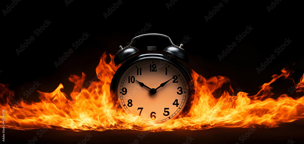 Time pressure or race against time concept. Clock in a fire, a few ...