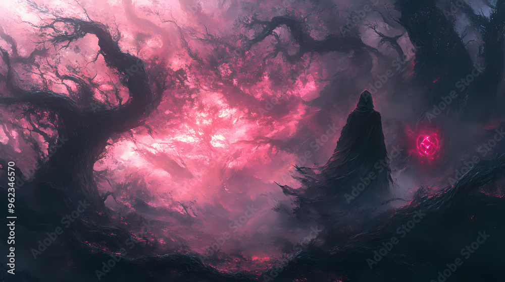 Mysterious sorcerer commanding red mists, arcane symbols glowing, in an ...