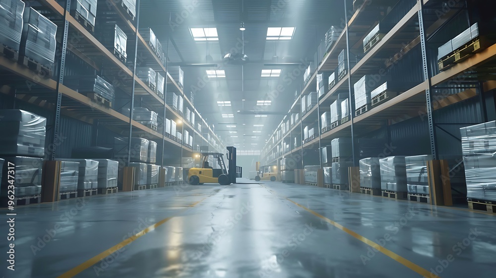 An industrial warehouse interior with neatly stacked pallets and ...