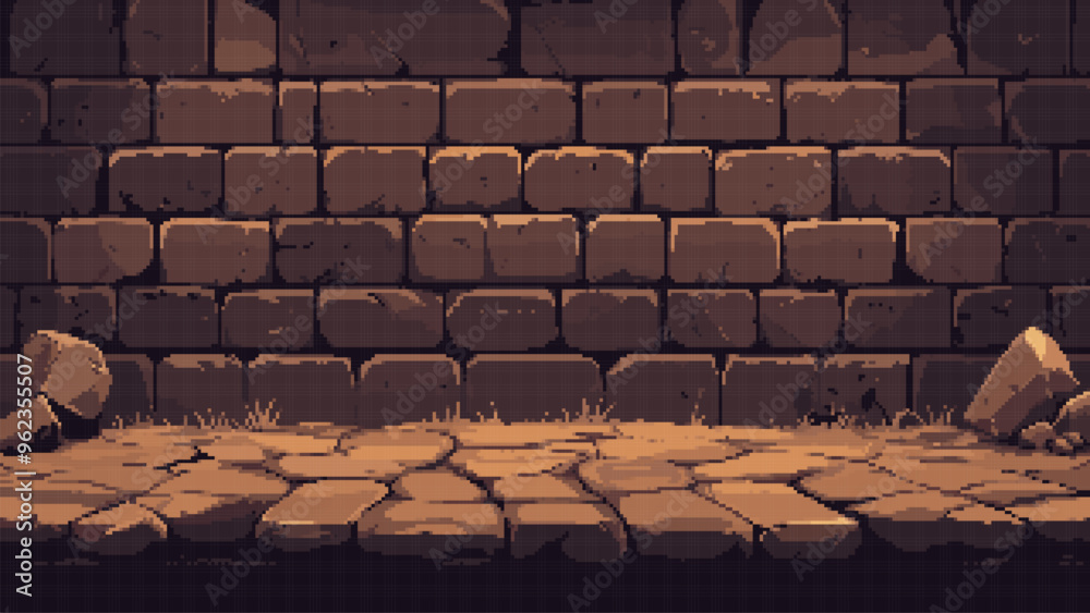 pixel art 8 bit retro game level background, dungeon, wall of stones ...