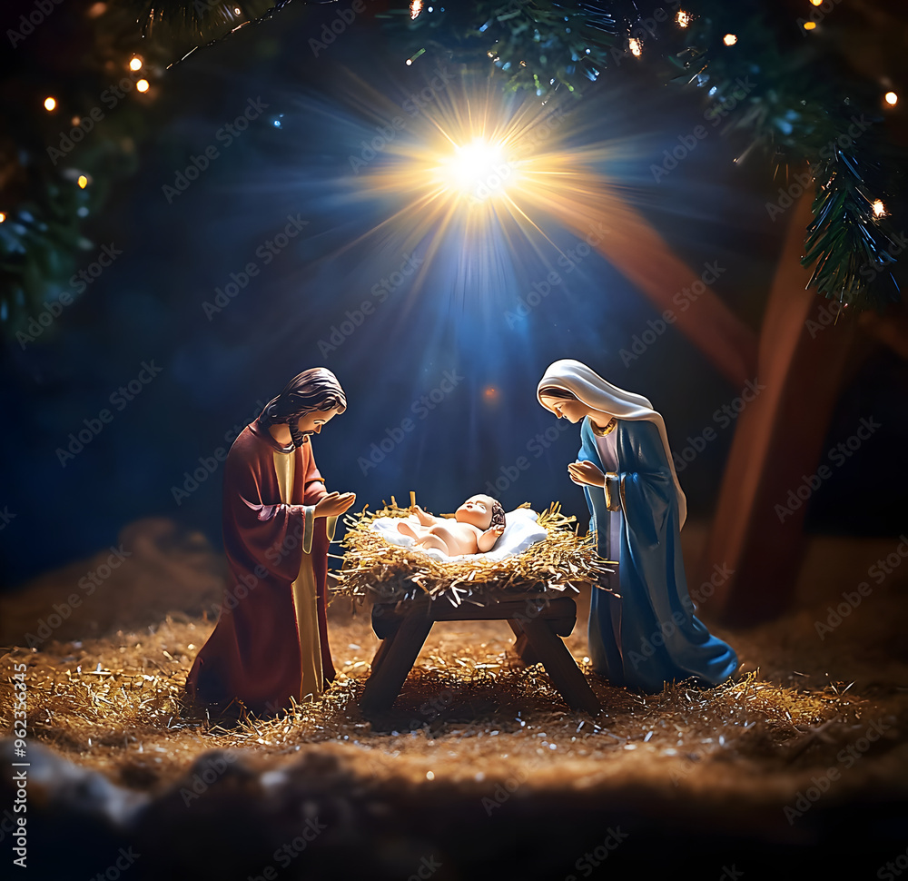 Christmas nativity scene of born child baby Jesus Christ in the manger ...