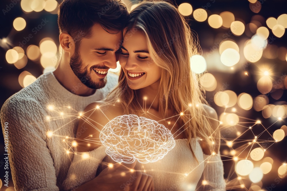 Brain system pathways High IQ Romantic couple holding a glowing brain ...