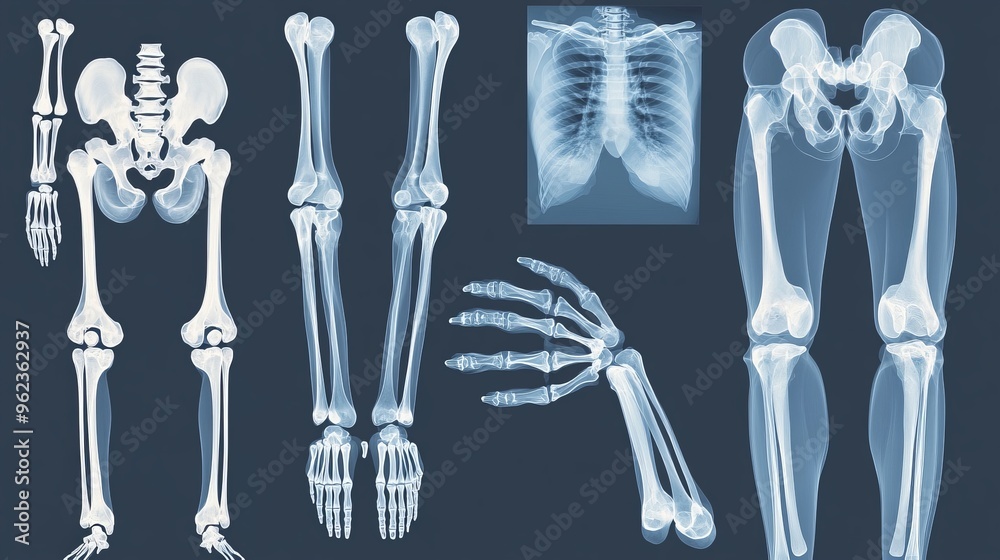 X ray body parts. Human skeleton knee arm chest wrist foot, medical x ...