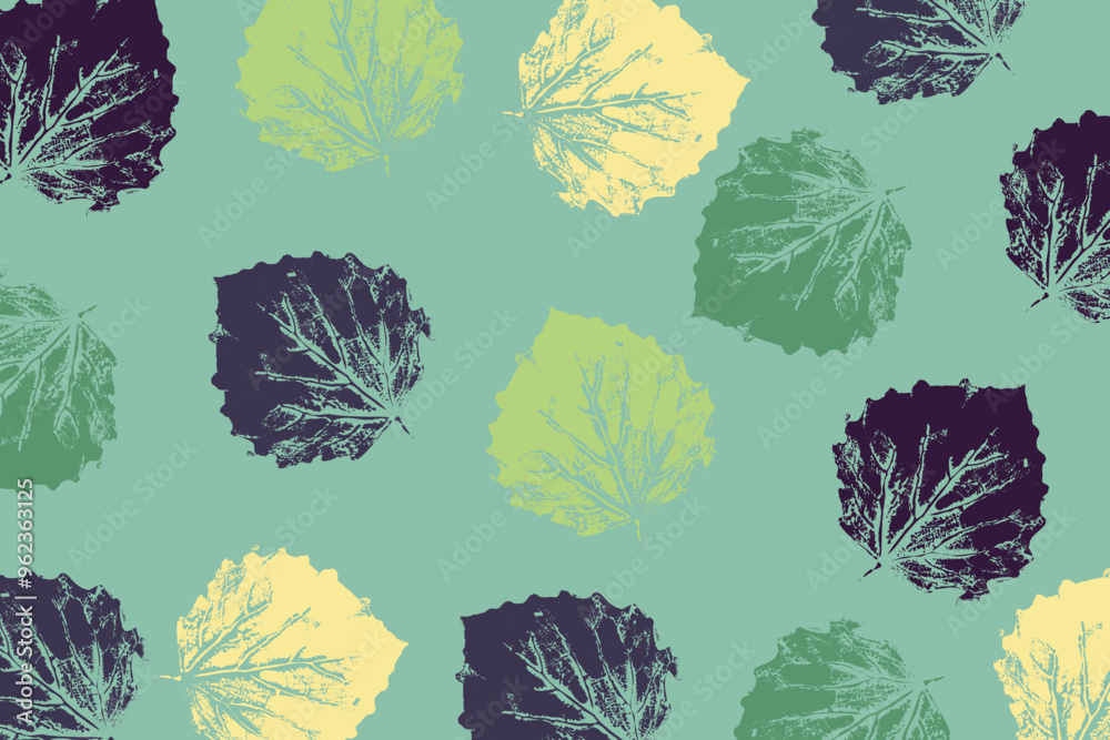 Nature grunge background with fall leaves. Stamp leaves, hand-drawn ...