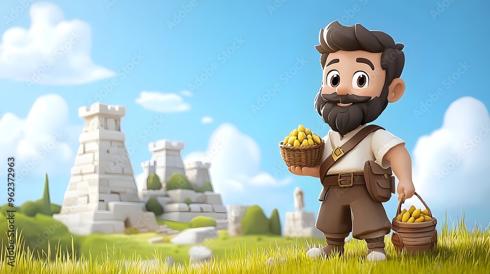 Sumerian Farmer Offering Harvest to the Gods in Stylized Cartoon ...