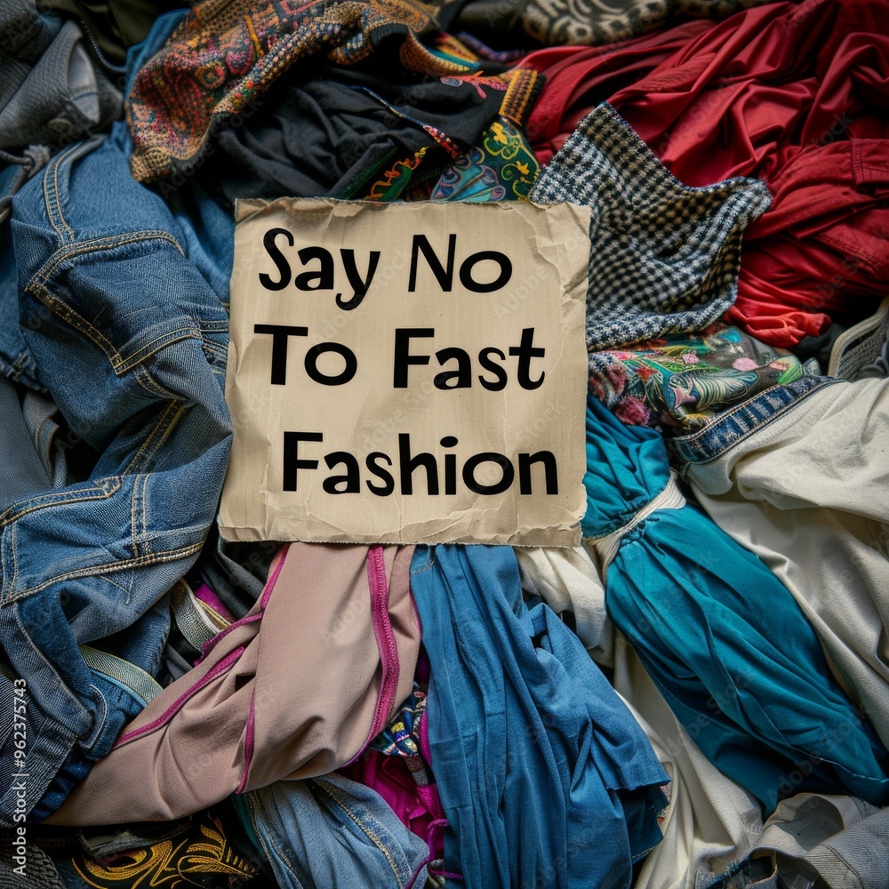 "Say No To Fast Fashion" sign on a paper card atop a heap of clothes ...
