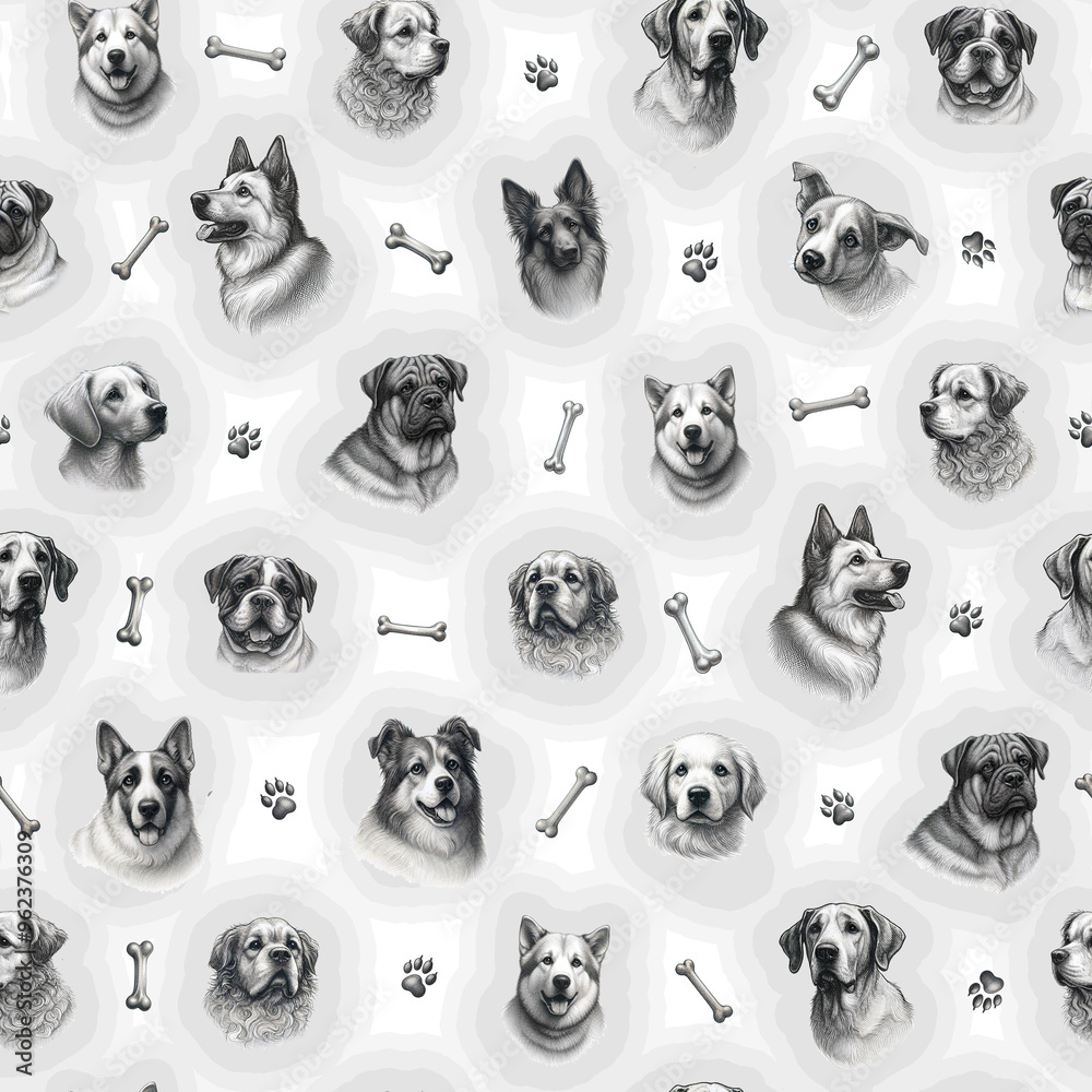 Seamless black and white pattern with different dog breeds, bones, paw ...