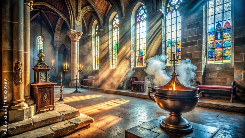ethereal light envelops mystical old church as holy smoke wafts from ...