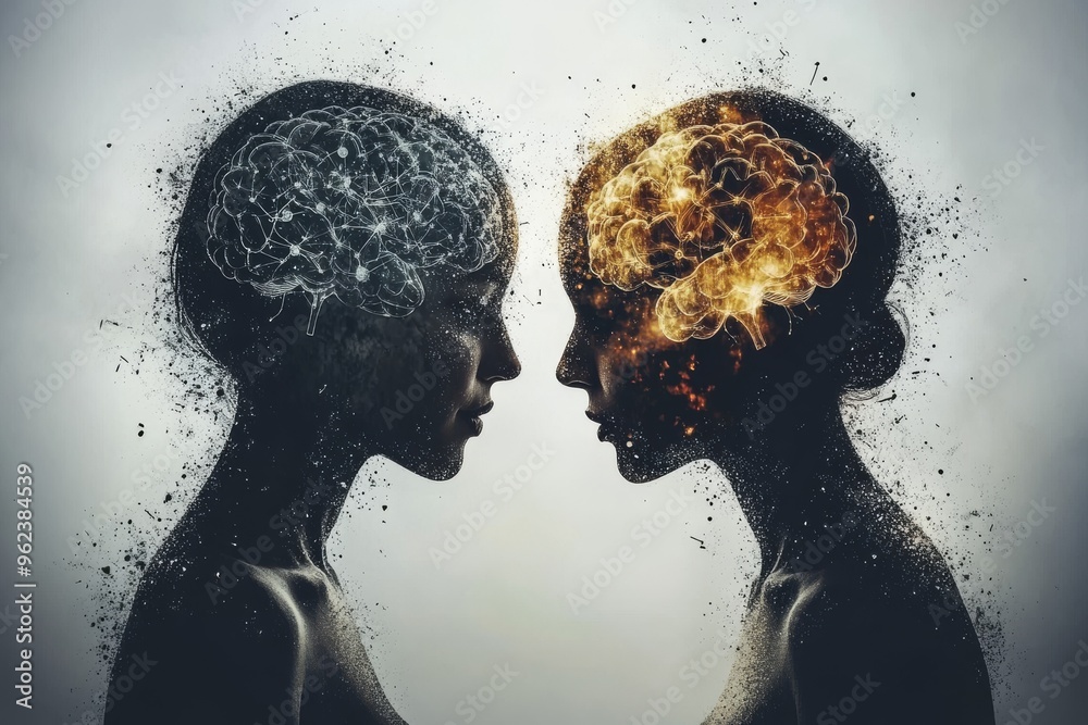 Mental agility flexibility Silhouetted profiles with exposed brain ...