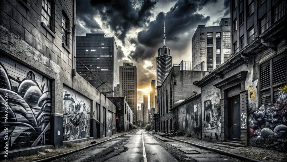 dramatic intense bold cinematic high-contrast black and white urban ...