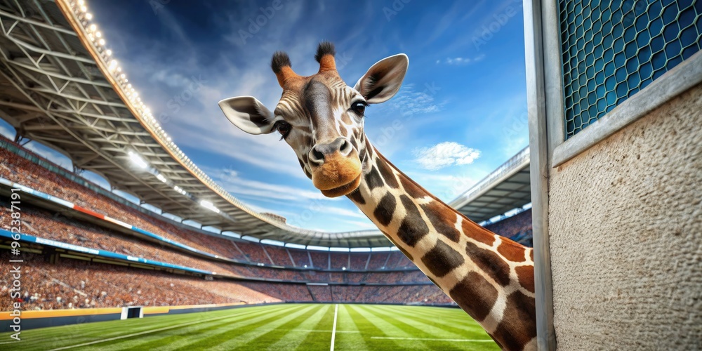 giraffe peeking out from behind a giant nfl logo made out of football ...