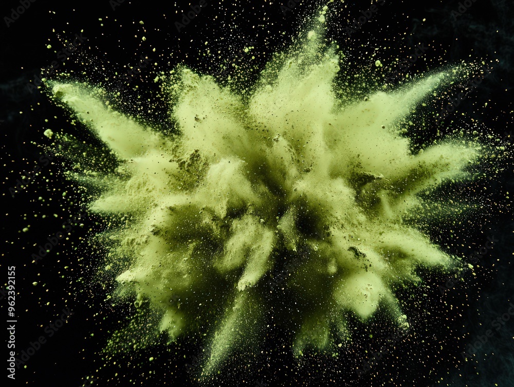 Olive green powder explosion on black, natural green dust cloud with a ...