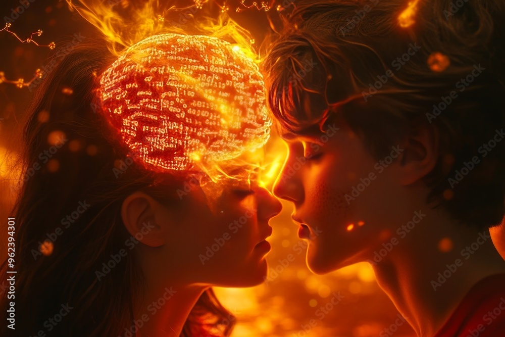 Neuroplasticity Capacity Fiery brain images merging in a passionate ...