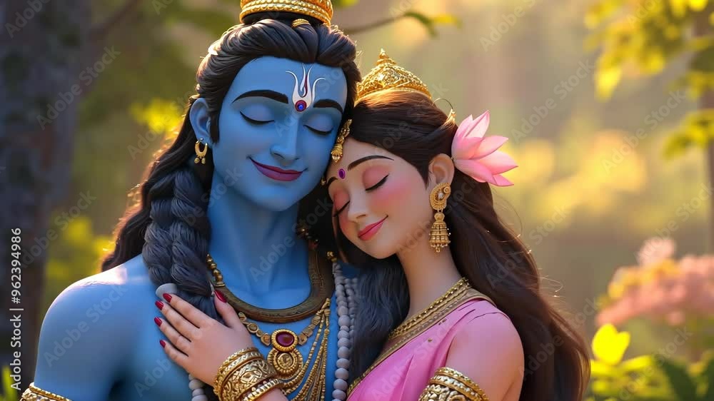 Radha and Lord Krishna hugging on sunrise. Krishna Janmashtami ...