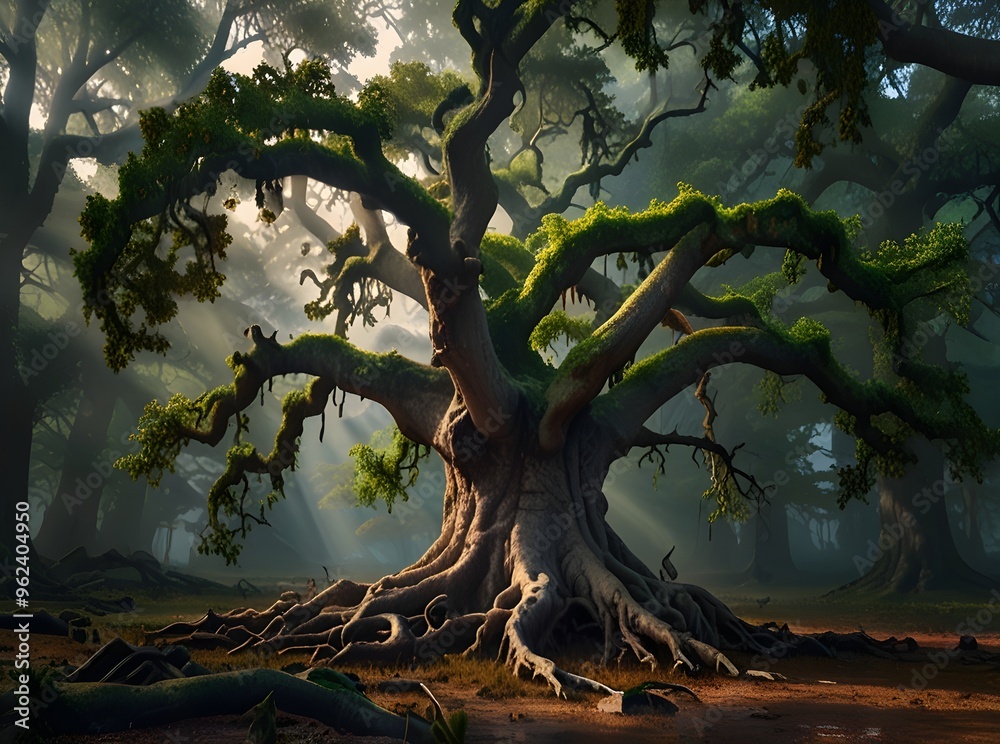Ancient oak tree with sprawling roots in a mystical forest, history, nature, tree, magical Stock ...