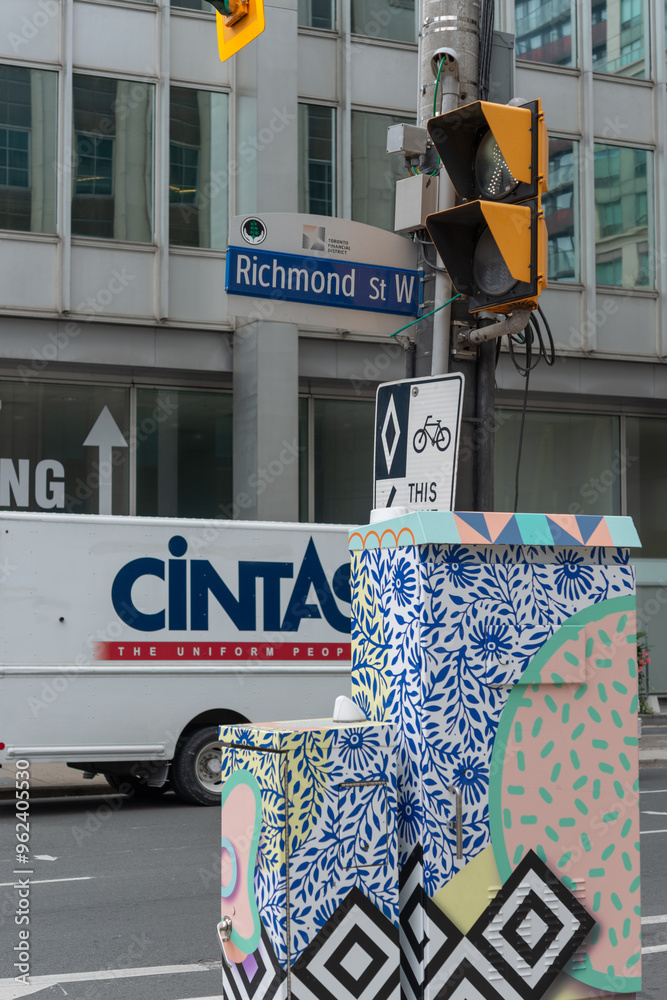 Richmond Street West road sign on a pole with traffic signs, decorative ...