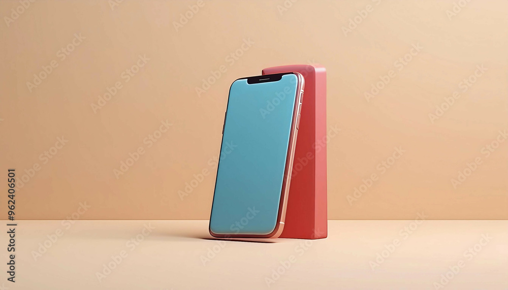 Modern smartphone with blue screen leaned against a pink rectangular ...