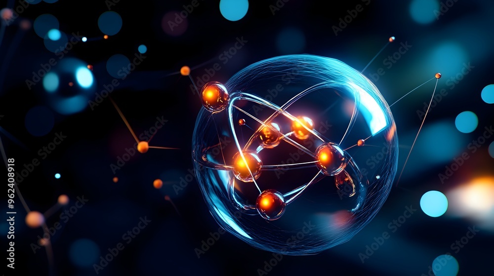 Holographic 3D visualization of an atom model with highlighted ...