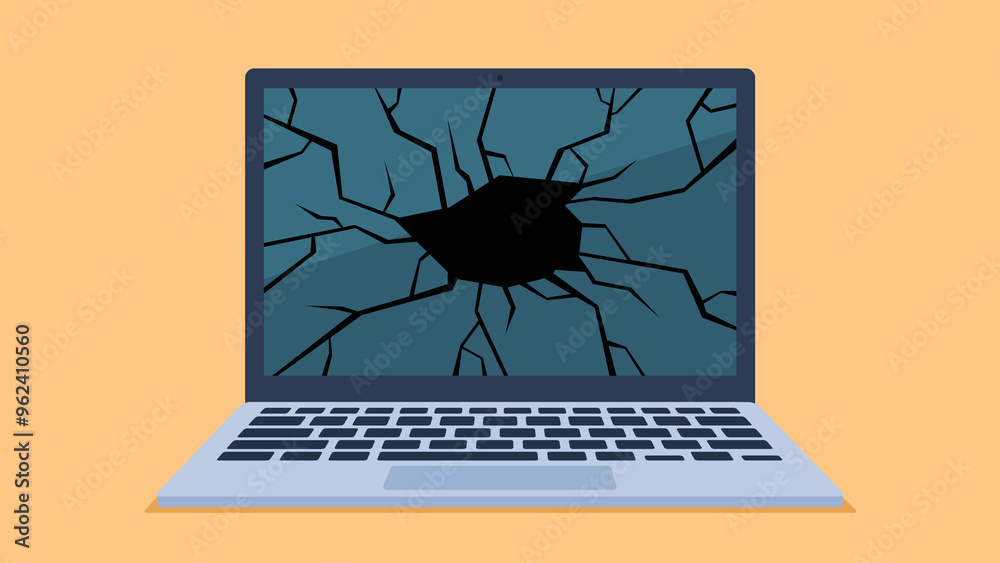 Laptop with a broken screen. The laptop screen shows a black hole and a ...