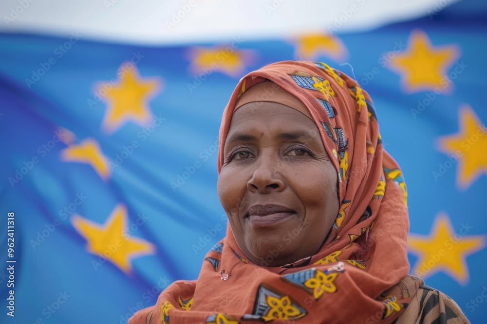 Proud somali woman europe flag representing cultural togetherness ...