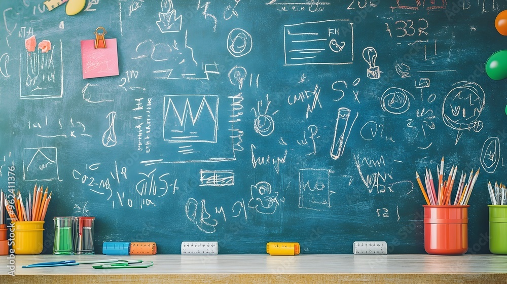 Conceptual image of a chalkboard filled with colorful drawings diagrams ...