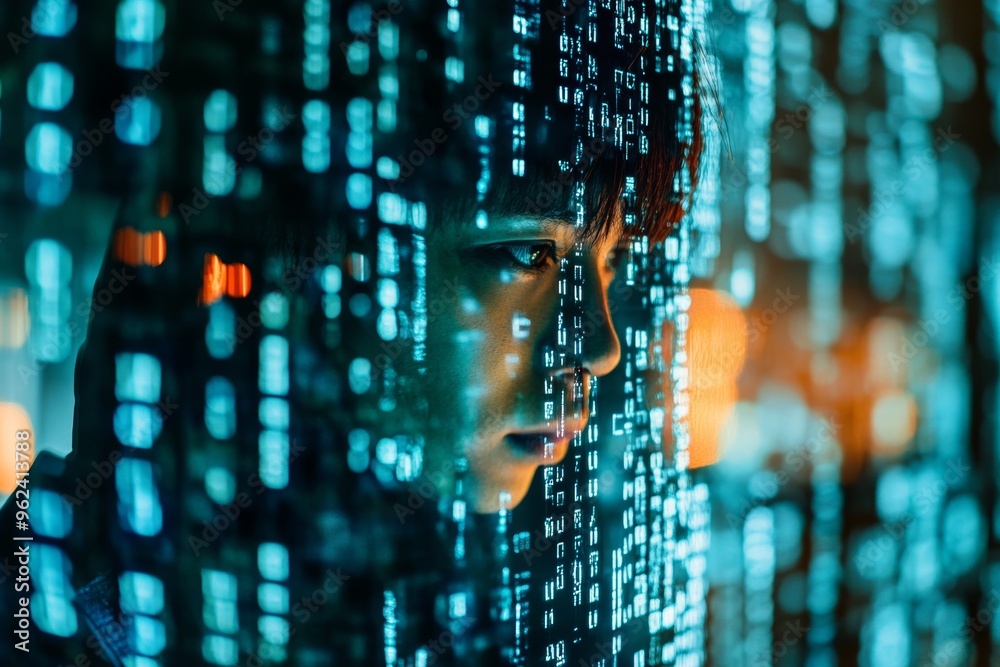 Digital Enigma: A young woman's face is obscured by a cascading stream ...