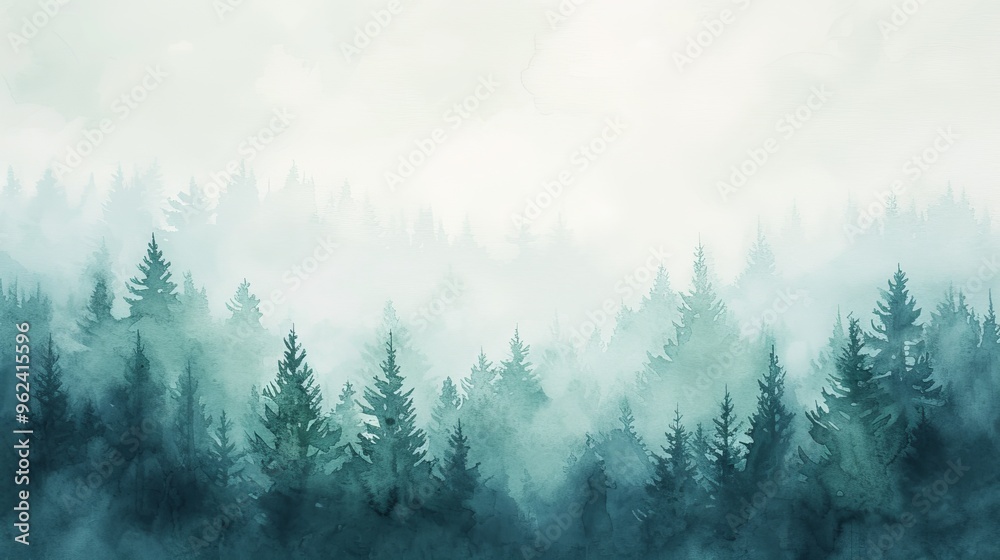 Serene misty forest scene showcasing dense evergreen trees fading into ...