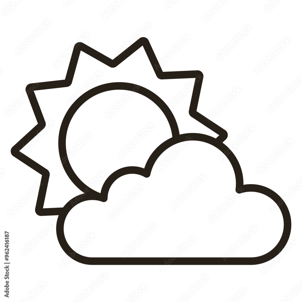 Vector sun and cloud icon. Black outline. Vector illustration isolated ...