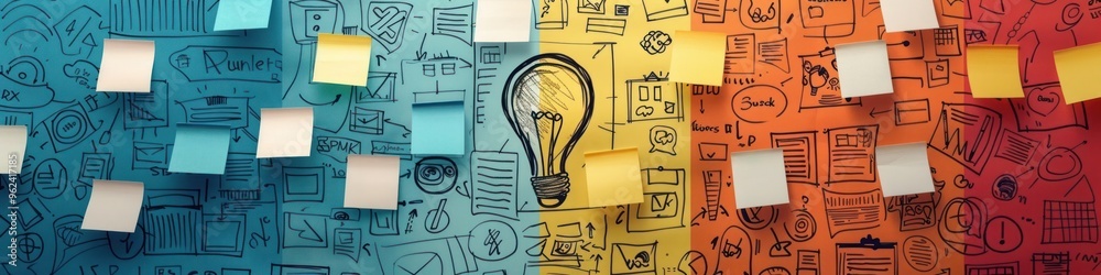 Colorful sticky notes arranged on a wall with a glowing light bulb ...